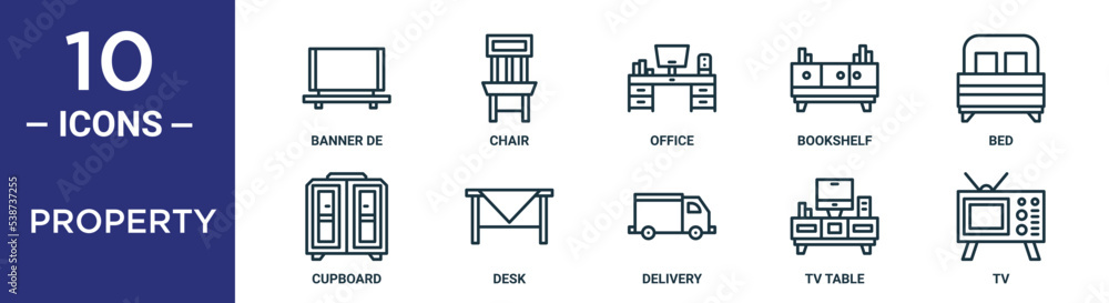 property outline icon set includes thin line banner de, chair, office ...