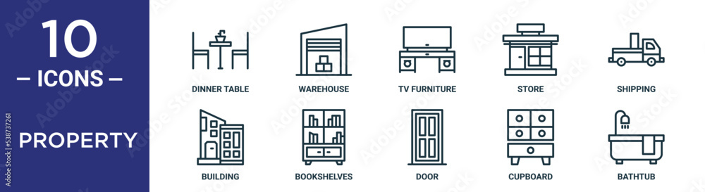 property outline icon set includes thin line dinner table, warehouse ...