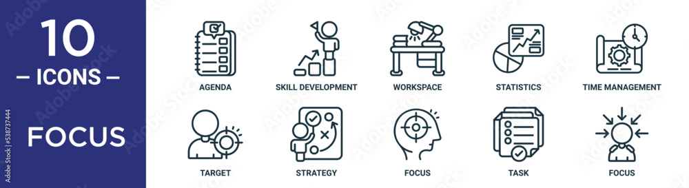focus outline icon set includes thin line agenda, skill development ...