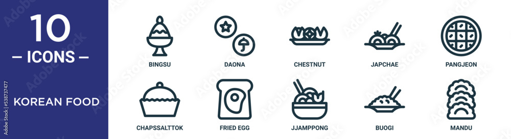 korean food outline icon set includes thin line bingsu, daona, chestnut ...