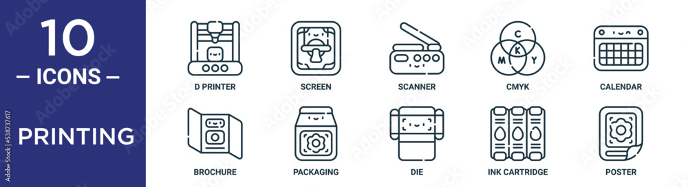 printing outline icon set includes thin line d printer, screen, scanner ...