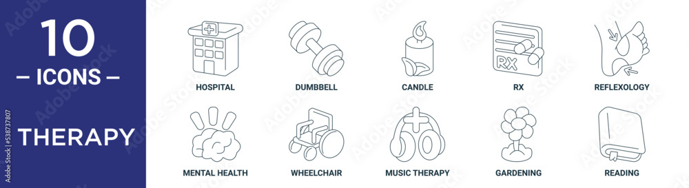 therapy outline icon set includes thin line hospital, dumbbell, candle ...