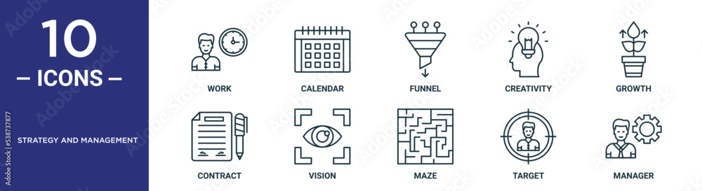 strategy and management outline icon set includes thin line work ...