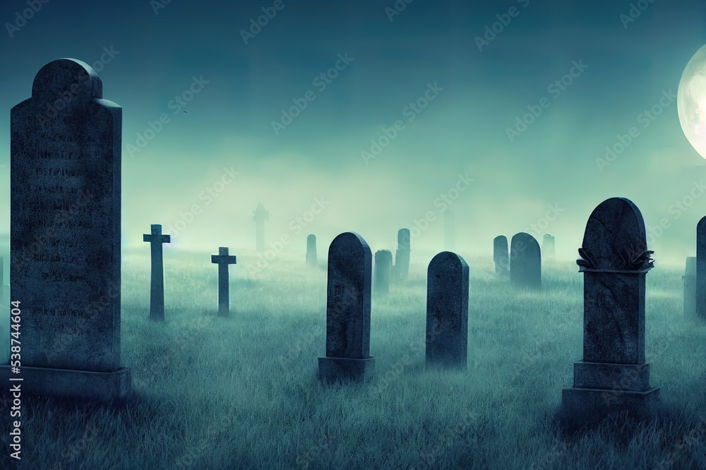 Gloomy night cemetery, stone monuments. Sky with clouds, fog. Dramatic ...