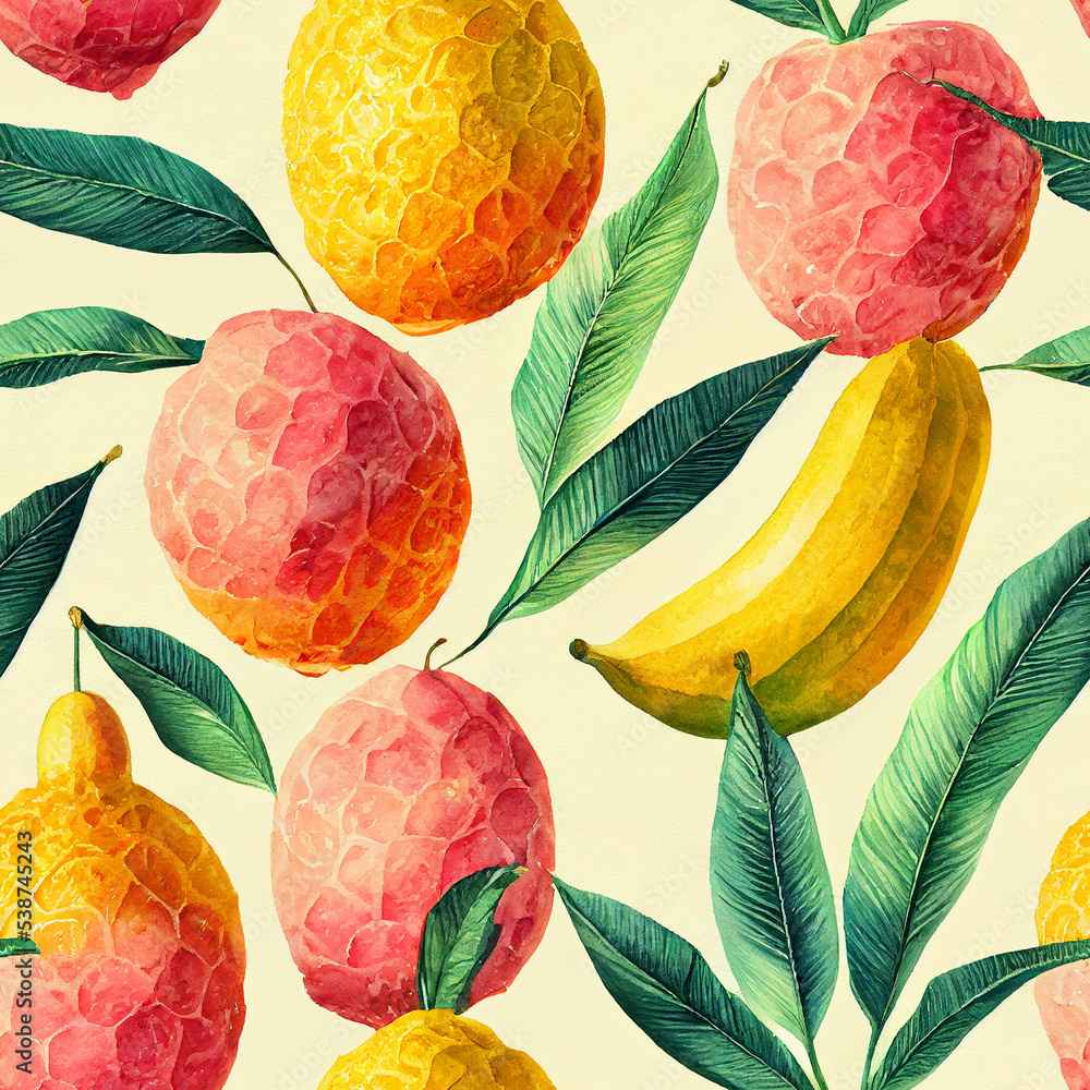 Seamless stylized background with various tropical fruits. Mix of ...
