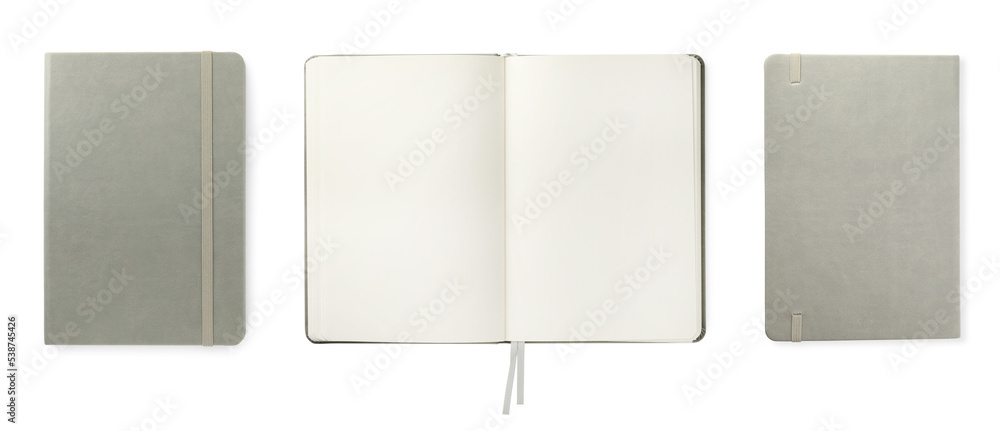 Set with light grey notebooks on white background, top view. Banner ...