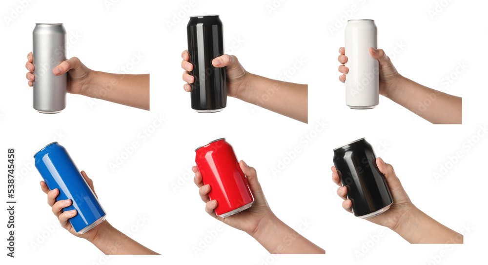 Collage with photos of women holding different cans with beverages on ...