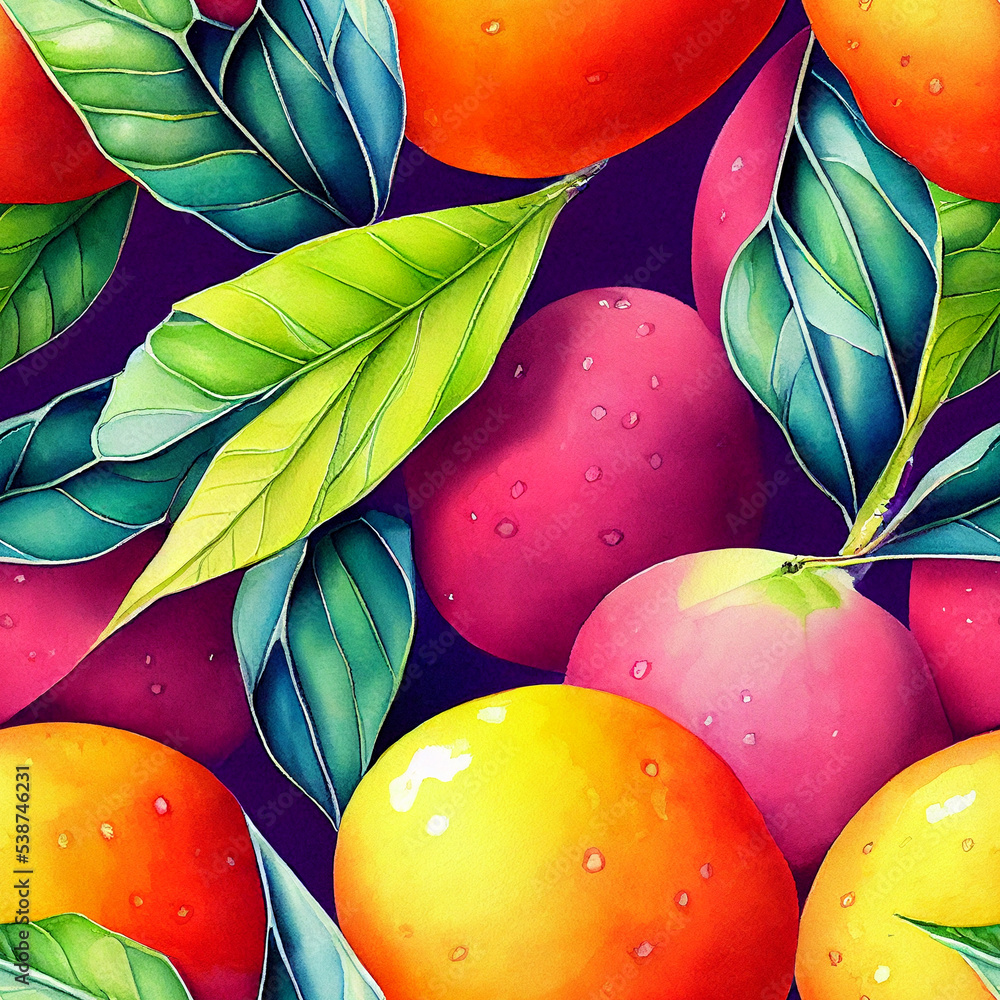 Seamless stylized background with various tropical fruits. Mix of ...