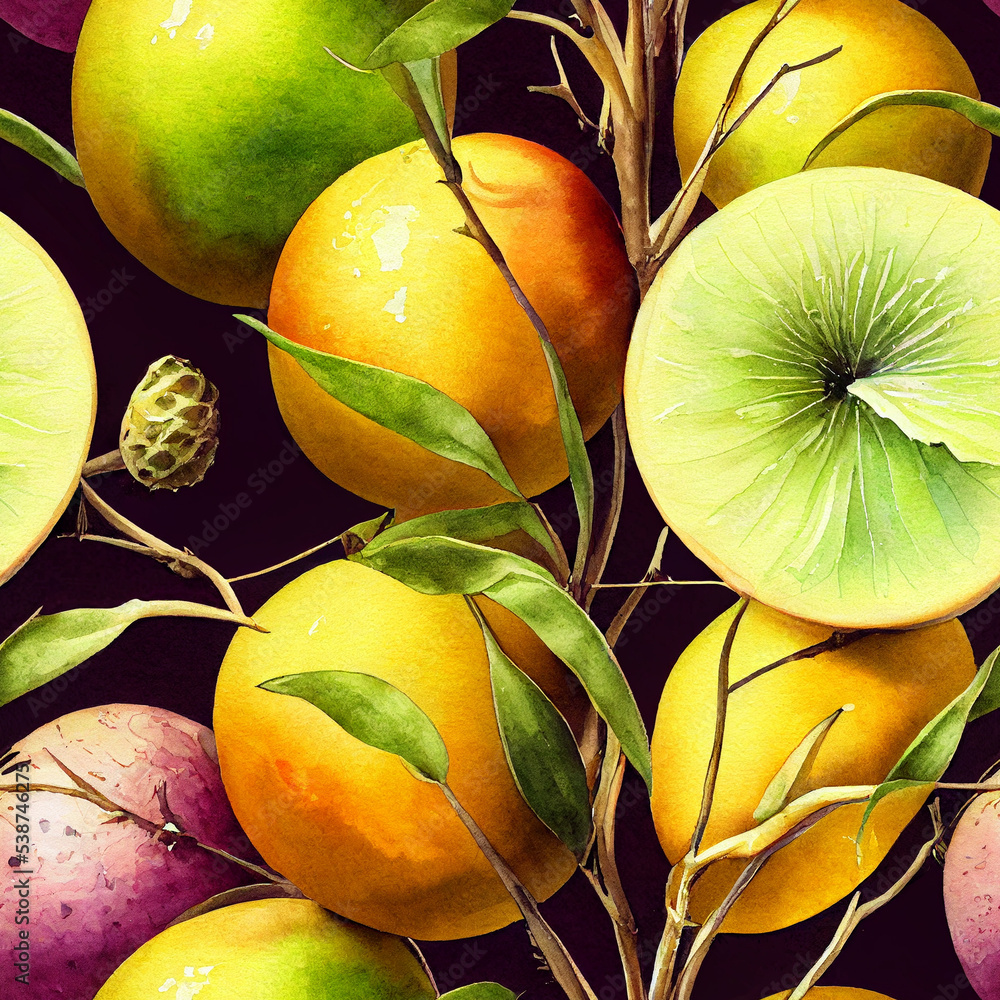 Seamless stylized background with various tropical fruits. Mix of ...