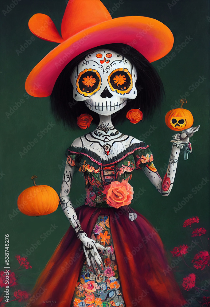 Cute Catrina doll draw. Catrina doll in a cartoon style. Catrina with ...