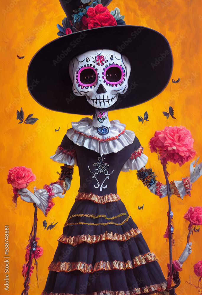 Cute Catrina doll draw. Catrina doll in a cartoon style. Catrina with ...