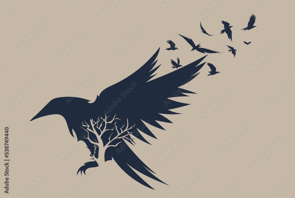Sketch of flying raven. Hand drawn illustration converted to vector ...