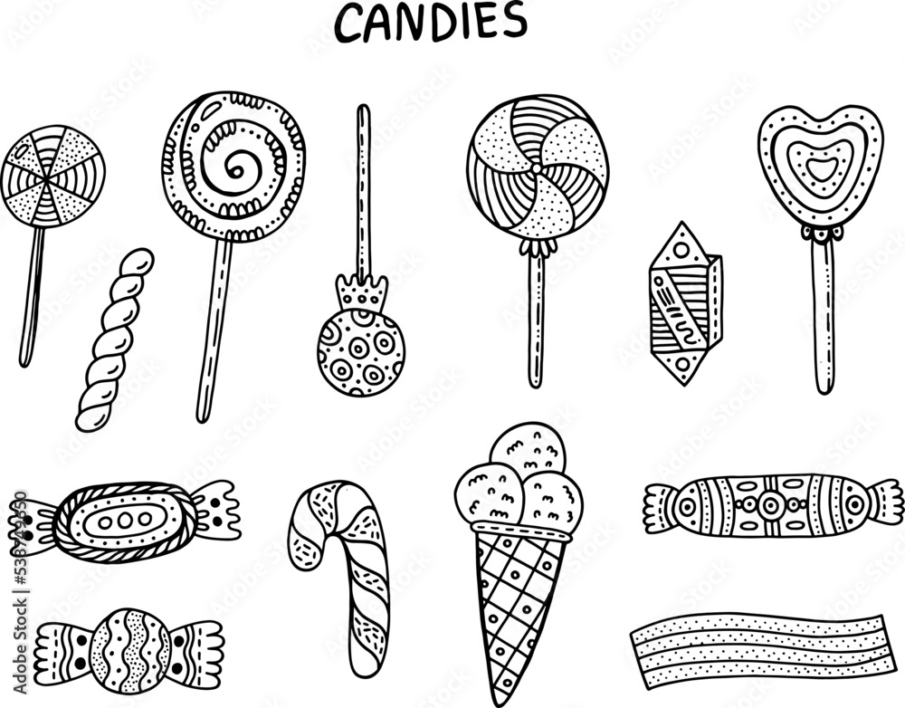 Line art candies collection. Sketch art of tasty food. Lollipops vector ...