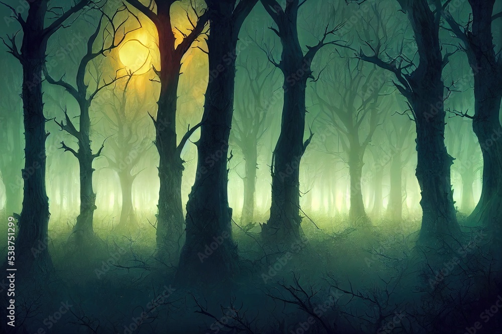 Realistic haunted forest creepy landscape at night. Fantasy Halloween ...