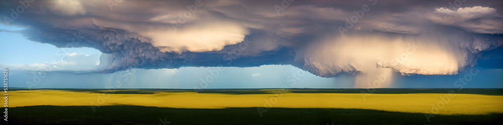 Rain clouds in a agricultural field. Panoramic view of the prairies ...
