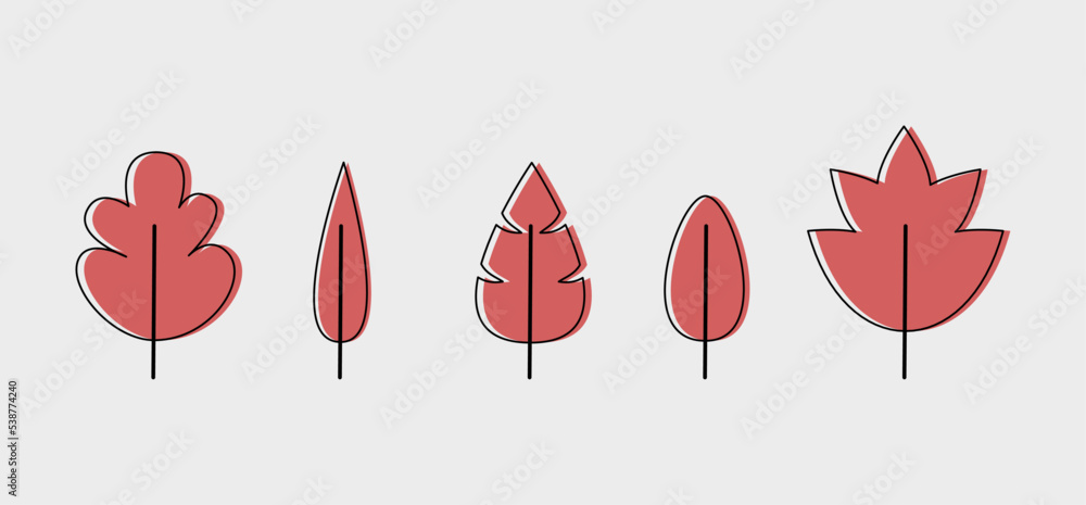 set of leaves line art with red fill color, suitable for autumn or fall ...