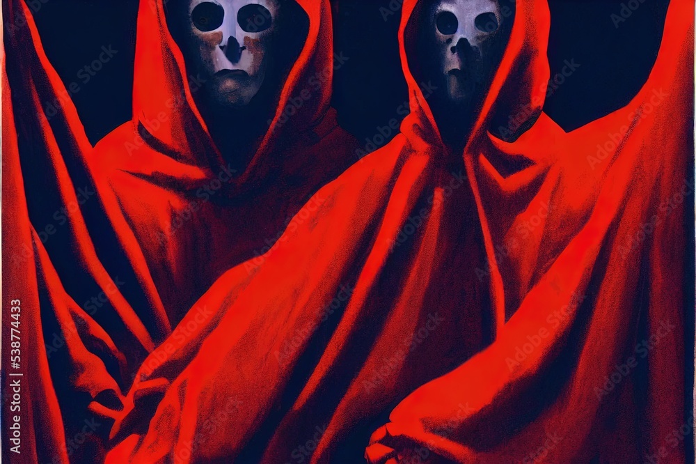 Mystery people in a red hooded cloaks in the dark. Hiding face in ...