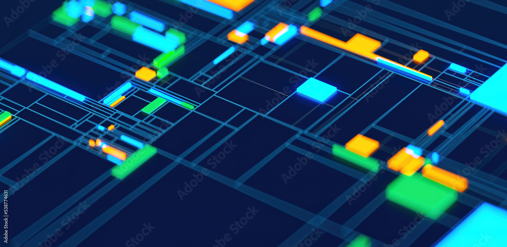 3D rendering of cyberpunk AI. Circuit board. Technology background ...