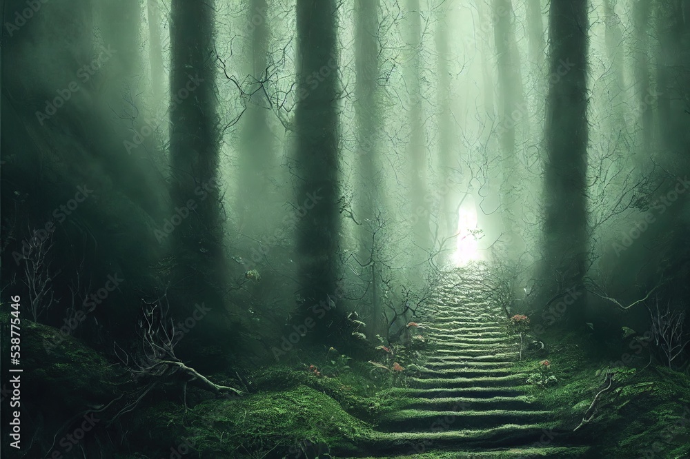 End of a tunnel to a Dark Mystical stairs in a fairy fantasy forest ...