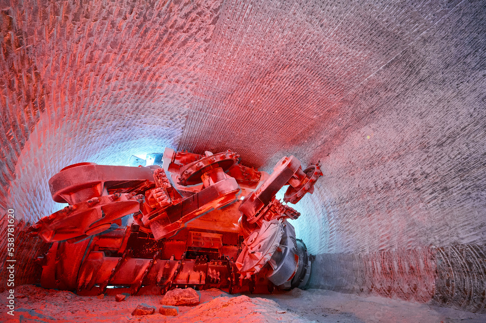 Mining machine cuts layers of mineral ore with saw in quarry Stock ...
