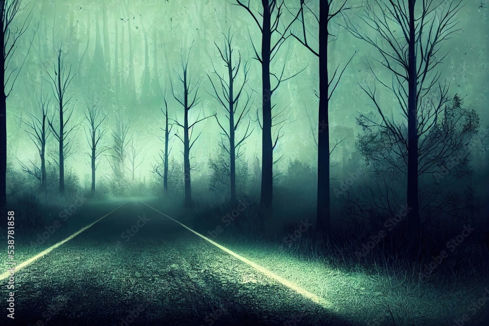 Raster illustration of spooky empty road in dark scary forest. A scene ...