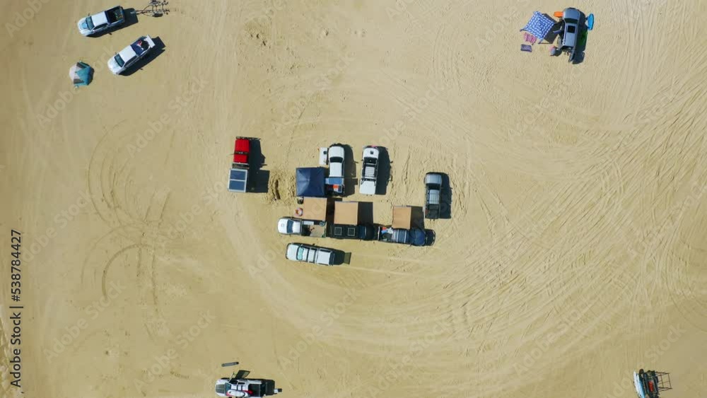 Top Down Aerial 4K Drone Above 4WD Cars With Camping Setup On Sandy ...