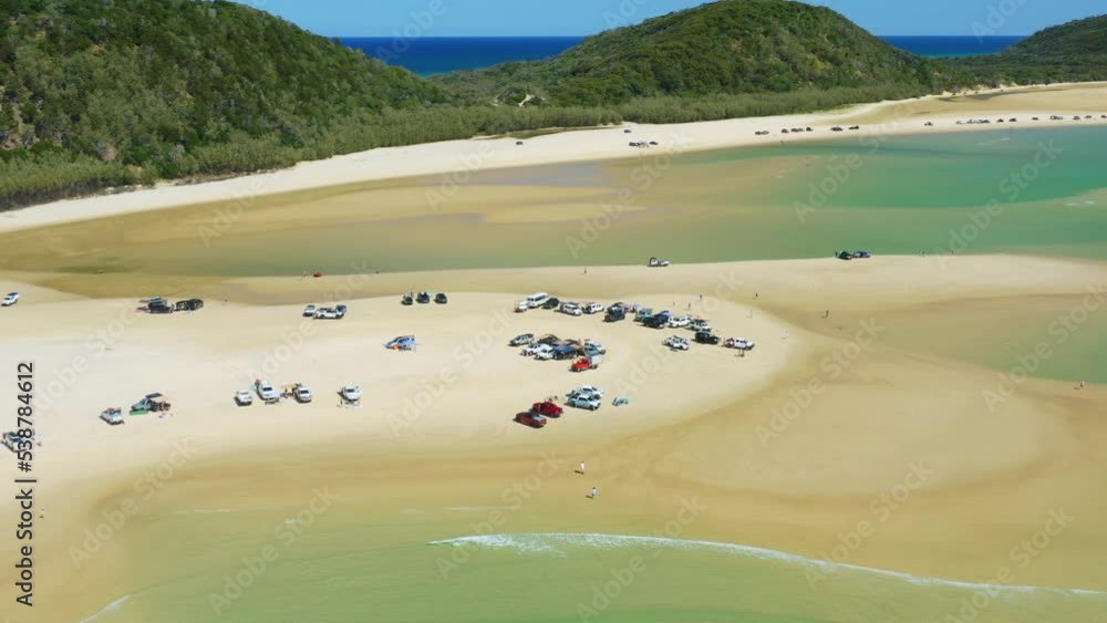 Aerial 4K Drone Above 4wd Cars With Sandy Beach Camping Setup On ...