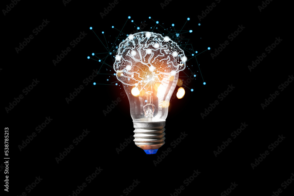 Light Bulb Brain with shining wireframe, Neural networks and artificial ...