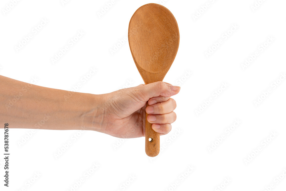 Hand and rustic wooden spoon isolated on transparent background Stock ...