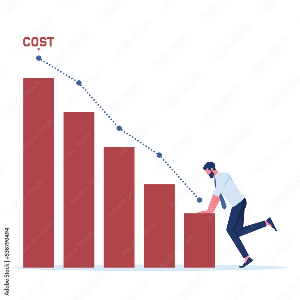 Cost reduction management concept, businessman lowers graph of cost ...