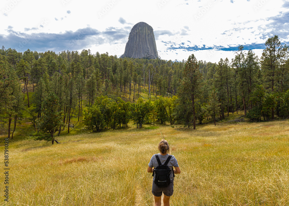 Female Hiker With View of Devils Tower From The Joyner Ridge Trail ...