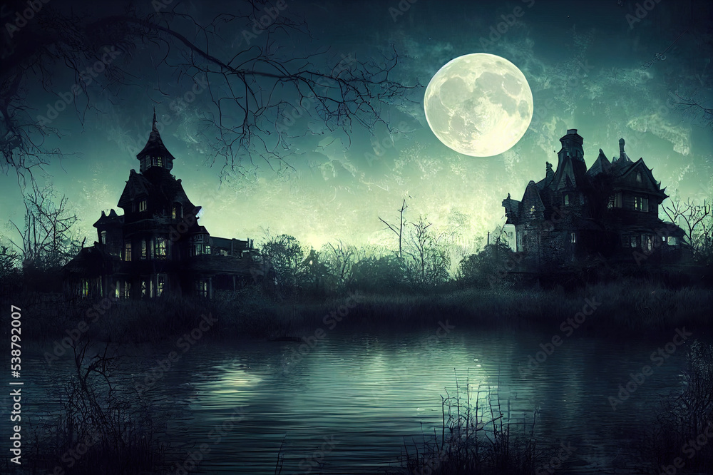 creepy burn haunted mansion in a swamp at night.Horror house with full ...