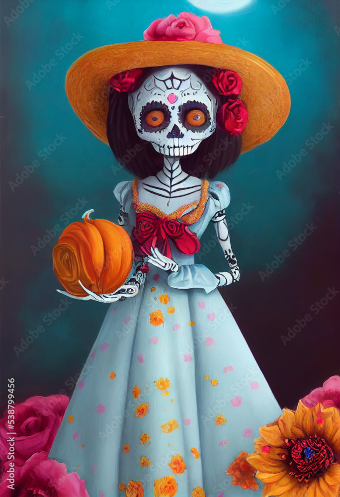 Cute Catrina draw. Catrina in a cartoon style. Catrina with flowers ...