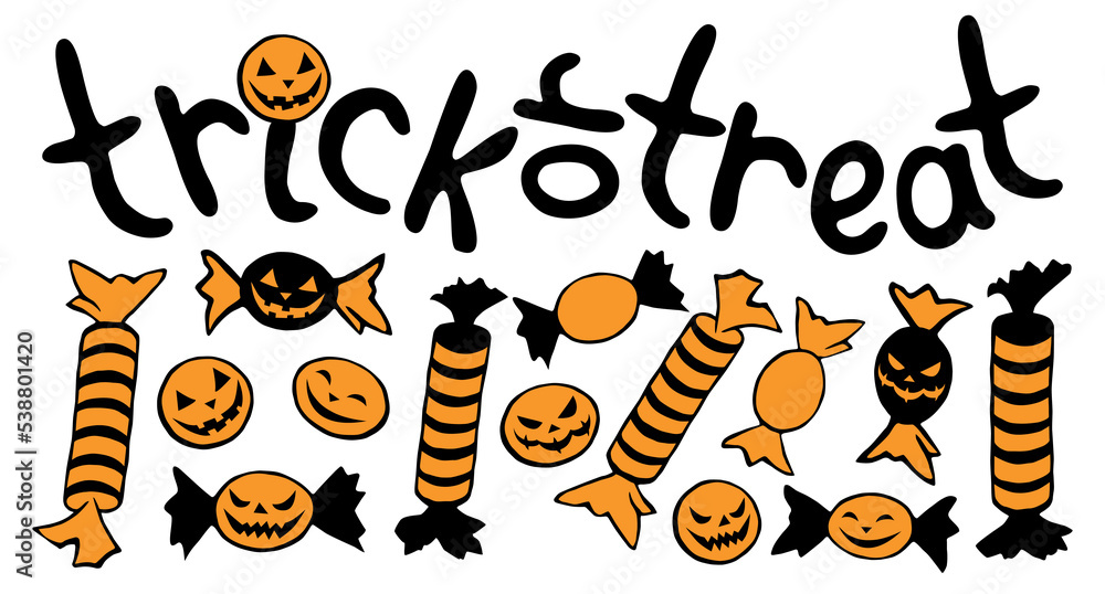 Trick or treat -lettering with border of candy in different wrappers in ...