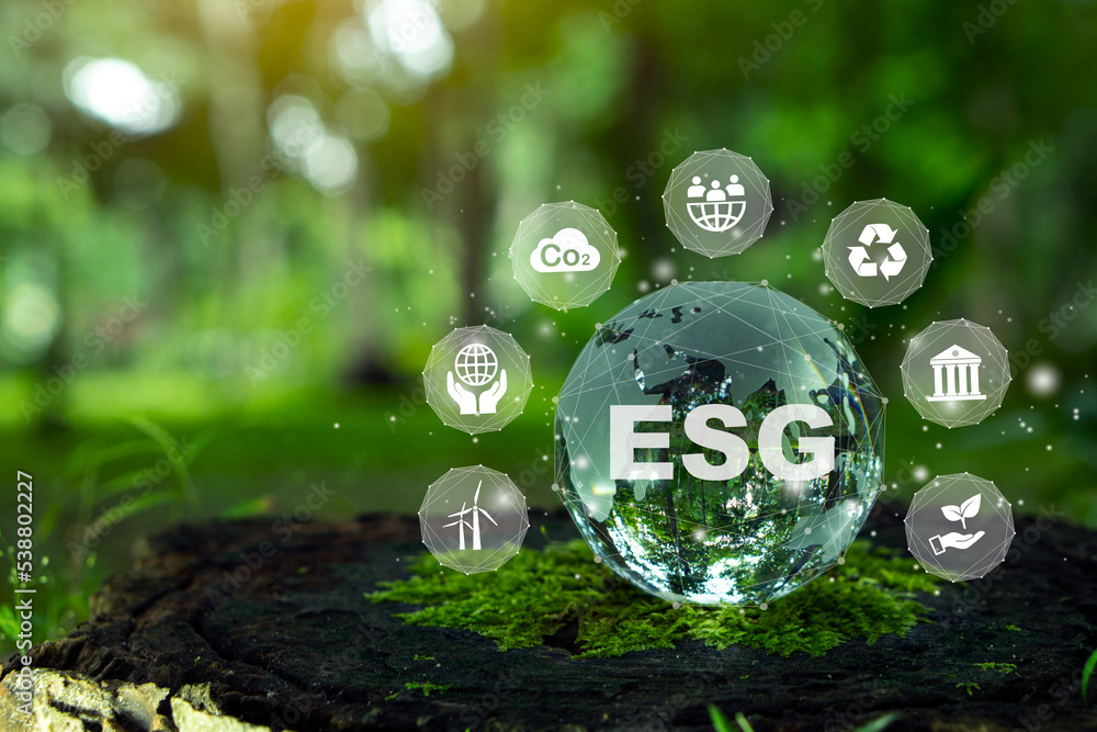 ภาพประกอบสต็อก ESG Banner.ESG icon concept on tcrystal globe for ...