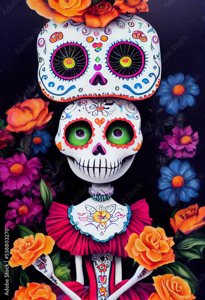 Colourful Catrina doll draw. Catrina sugar doll in a cartoon style ...