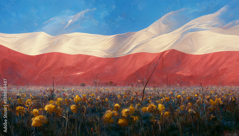 Poland flag fluttering among mountain scenery, trees and flowers ...
