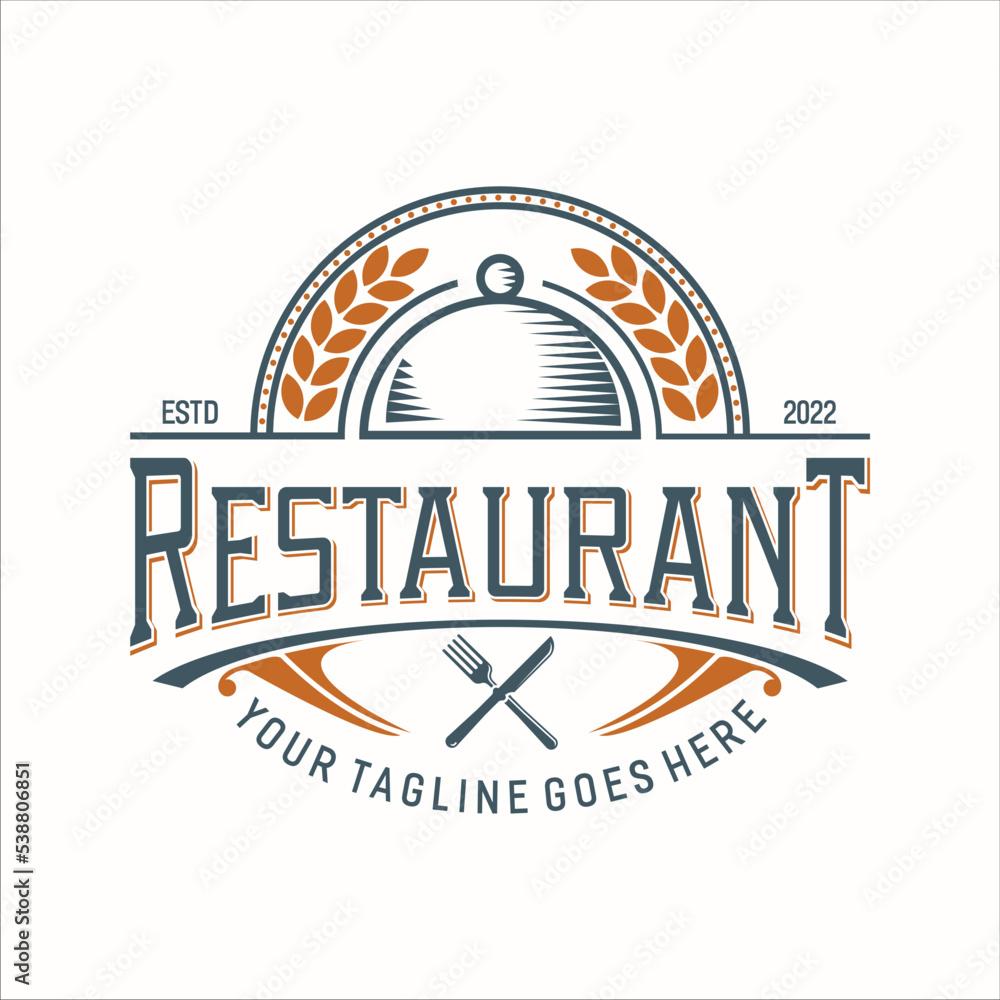 vintage restaurant logo with cloche, crossed spoons and forks, design ...