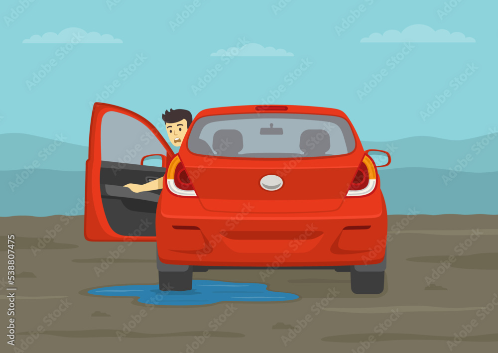 Safe driving rules and tips in mud. Red car gets stuck. Back view of a ...