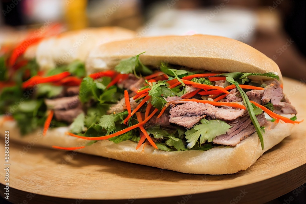 Vietnamese bahn mi sandwich with pork belly. Stock Photo | Adobe Stock