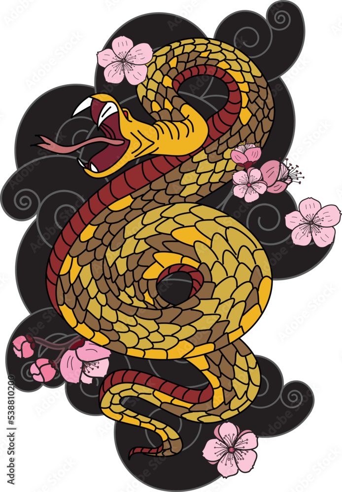 Vettoriale Stock black and white vector Snake with cherry blossom and ...