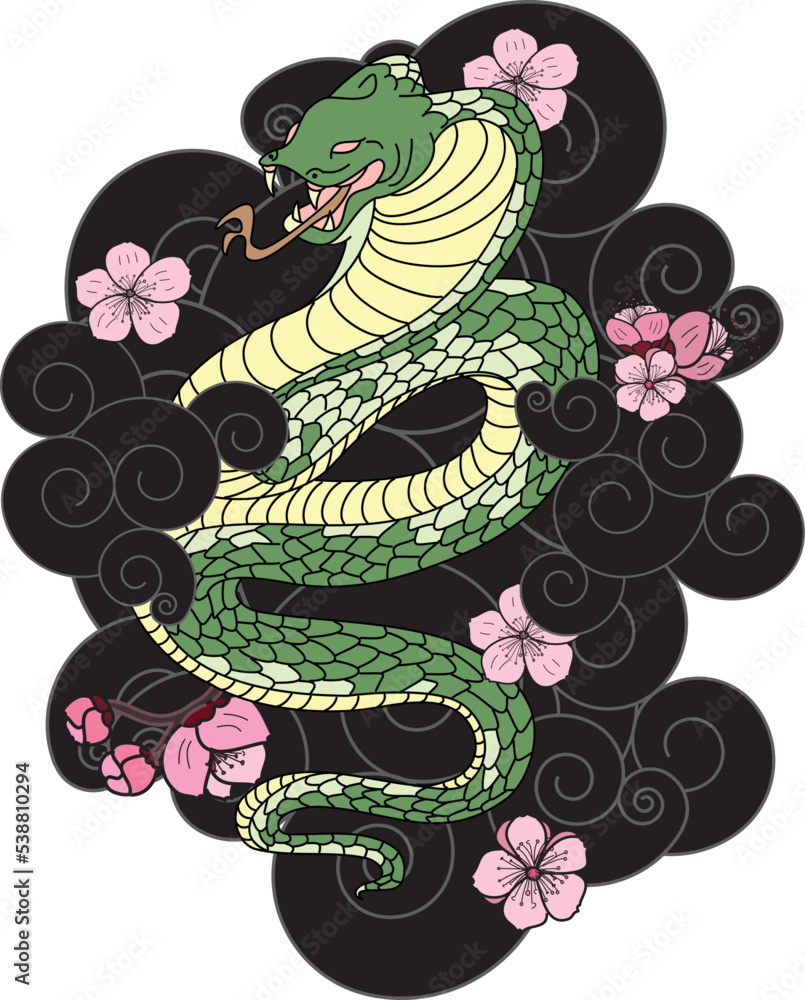 black and white vector Snake with cherry blossom and cloud background ...