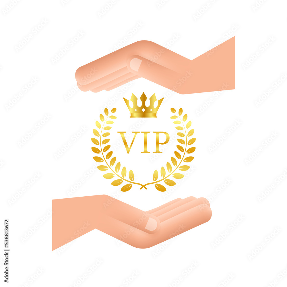 Golden symbol of exclusivity, the label VIP with glitter in hands. Very ...