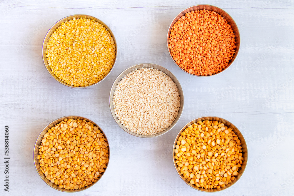 yellow lentils (Toor dal), mung dal (split mung beans), red lentils ...
