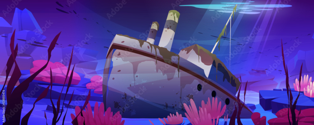 Wreck ship, sunken steamboat with pipes lying on ocean bottom with ...