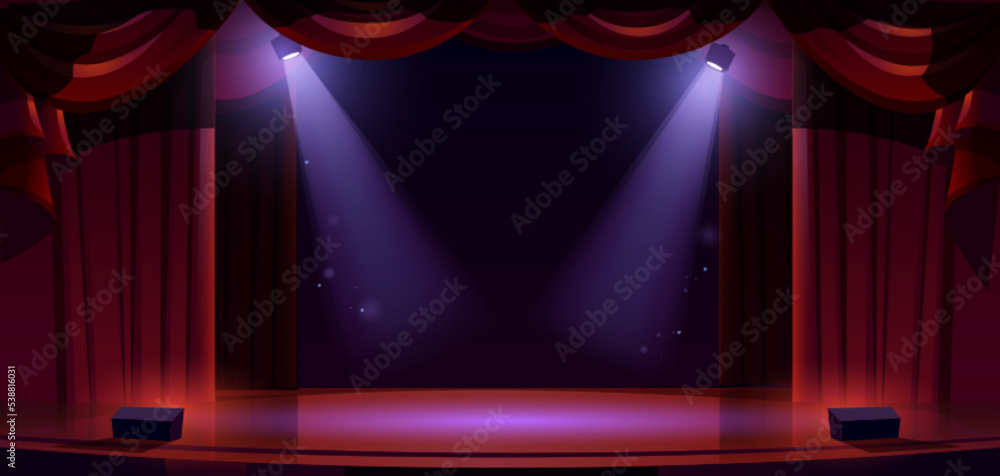 Theater stage with spotlights, red curtains and wooden floor. Theatre ...