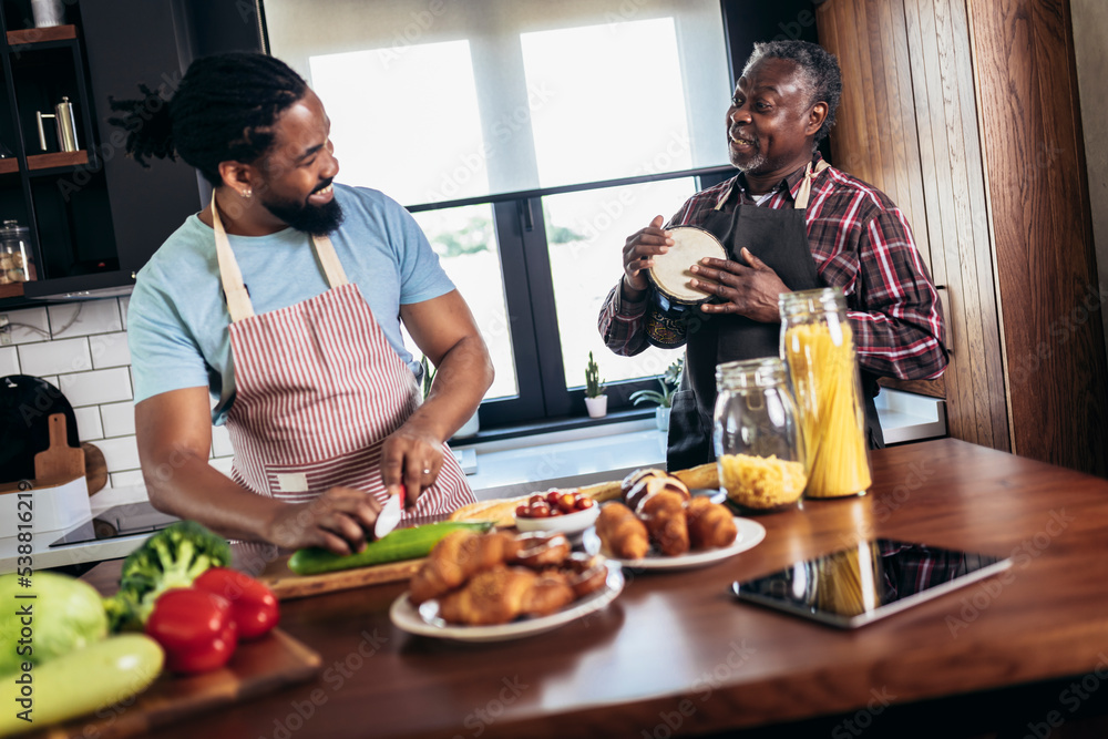 Adult son with his senior father cooking in the kitchen. Stock Photo ...