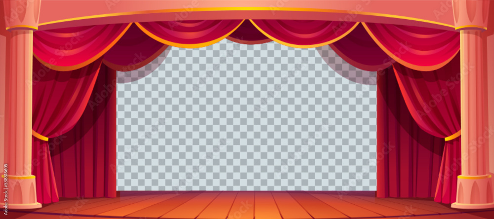 Theater stage with red curtains, wooden floor, white columns isolated ...