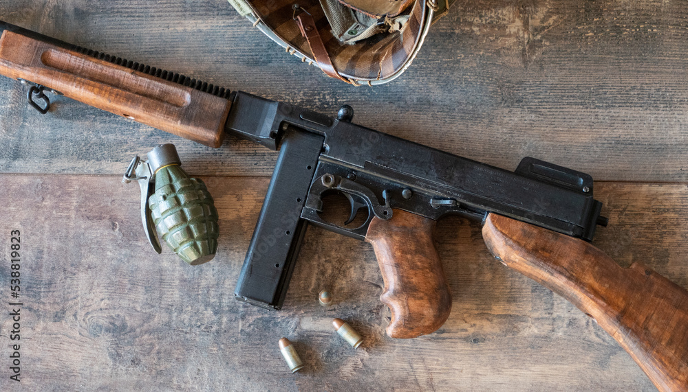 Vintage submachine gun. Weapons of the army and mafia. Stock Photo ...