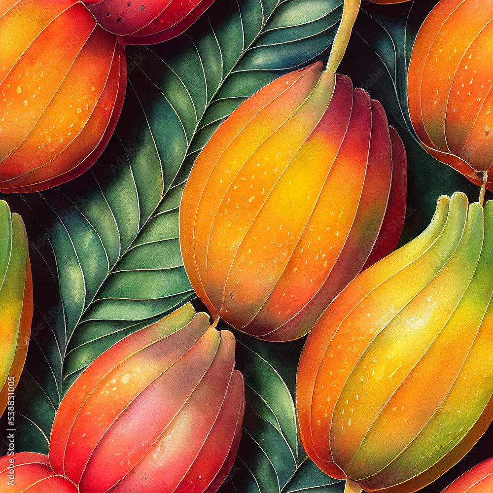 Seamless stylized background with various tropical fruits. Mix of ...